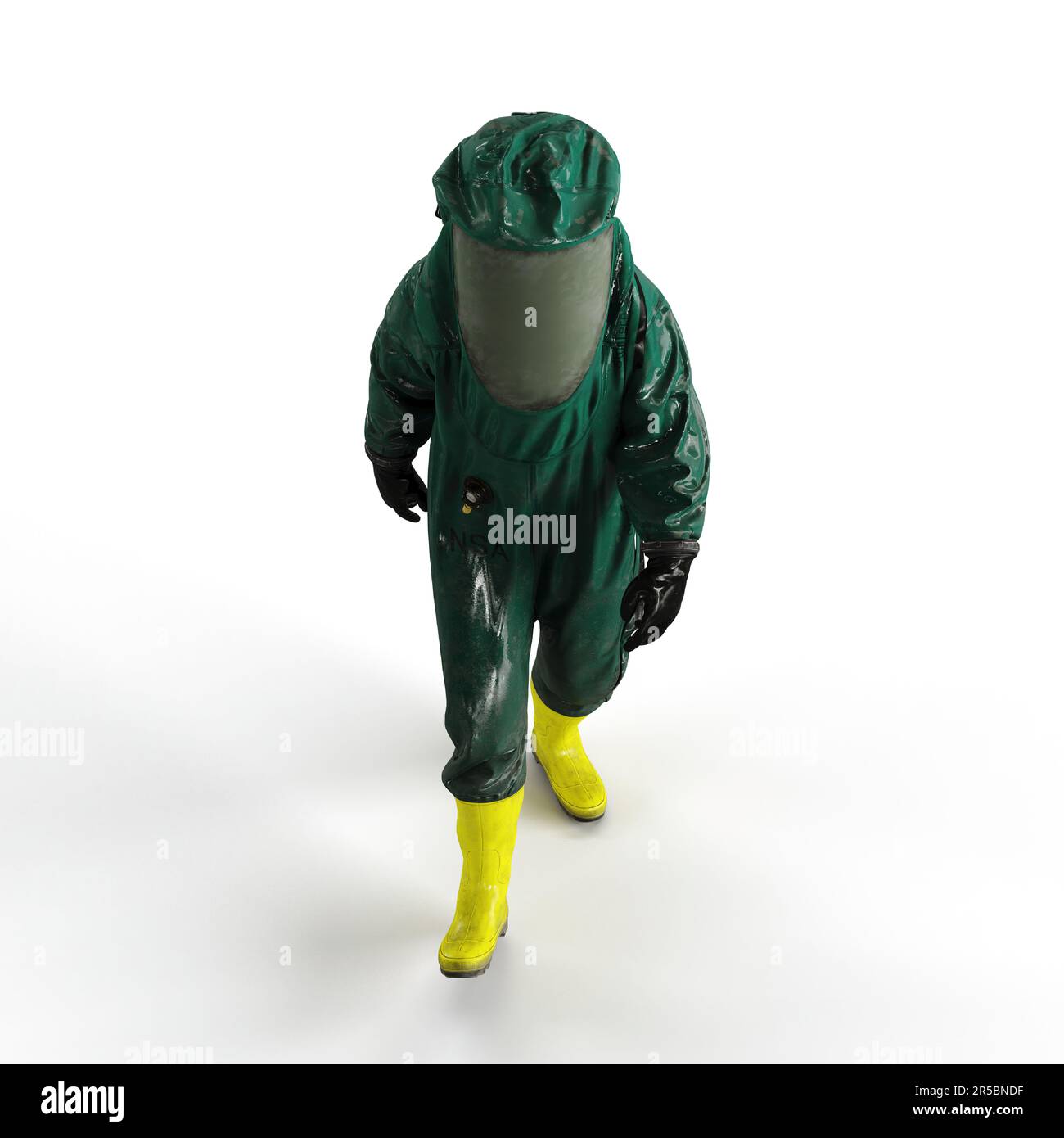 A 3D rendering of a person wearing a green hazard suit, walking on a ...
