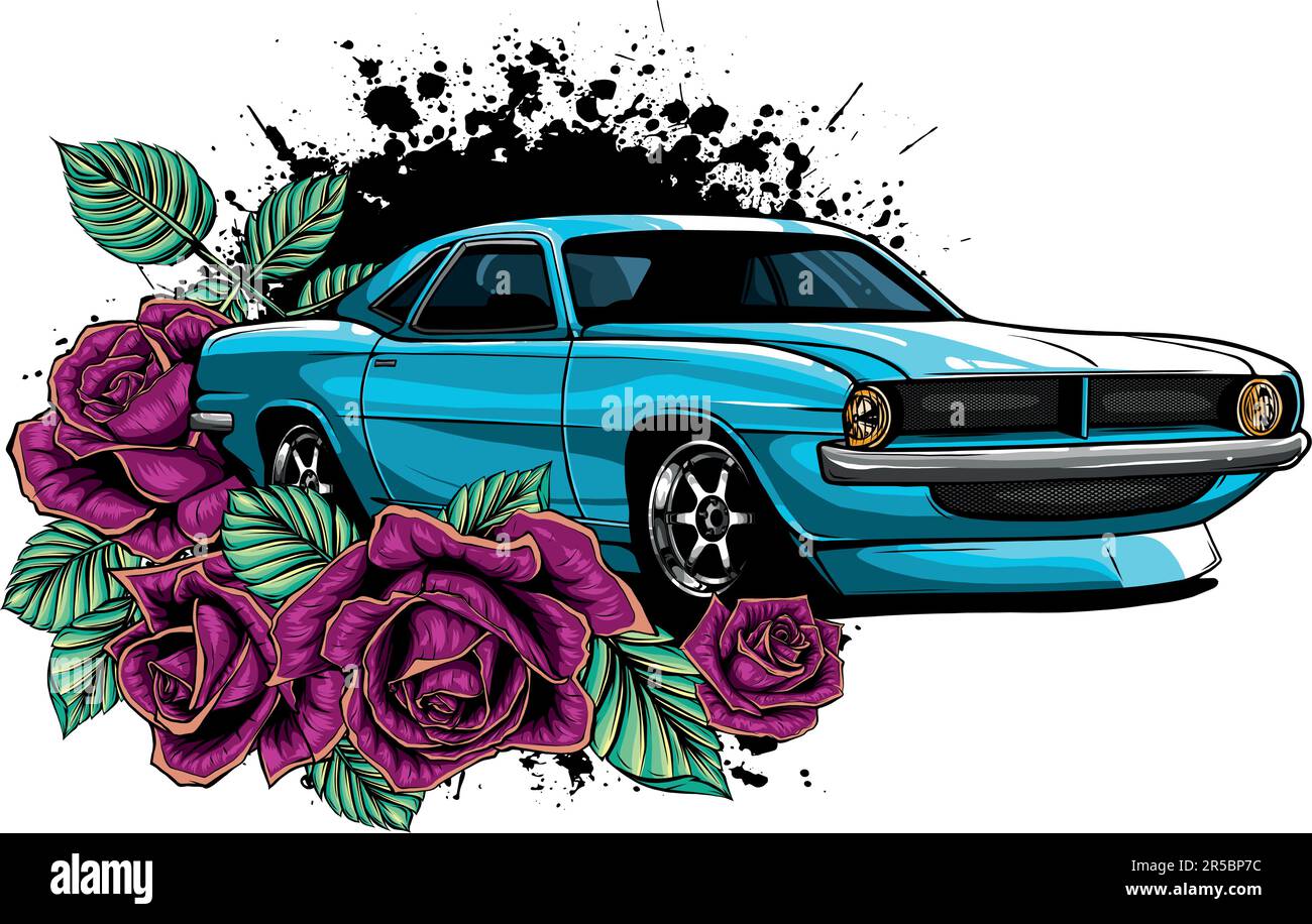 vector illustration of muscle car with roses flower Stock Vector Image ...