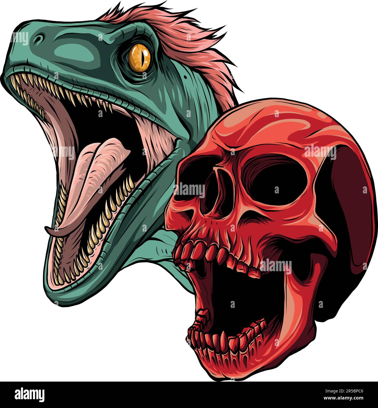 vector illustration of Velociraptor head with human skull Stock Vector ...