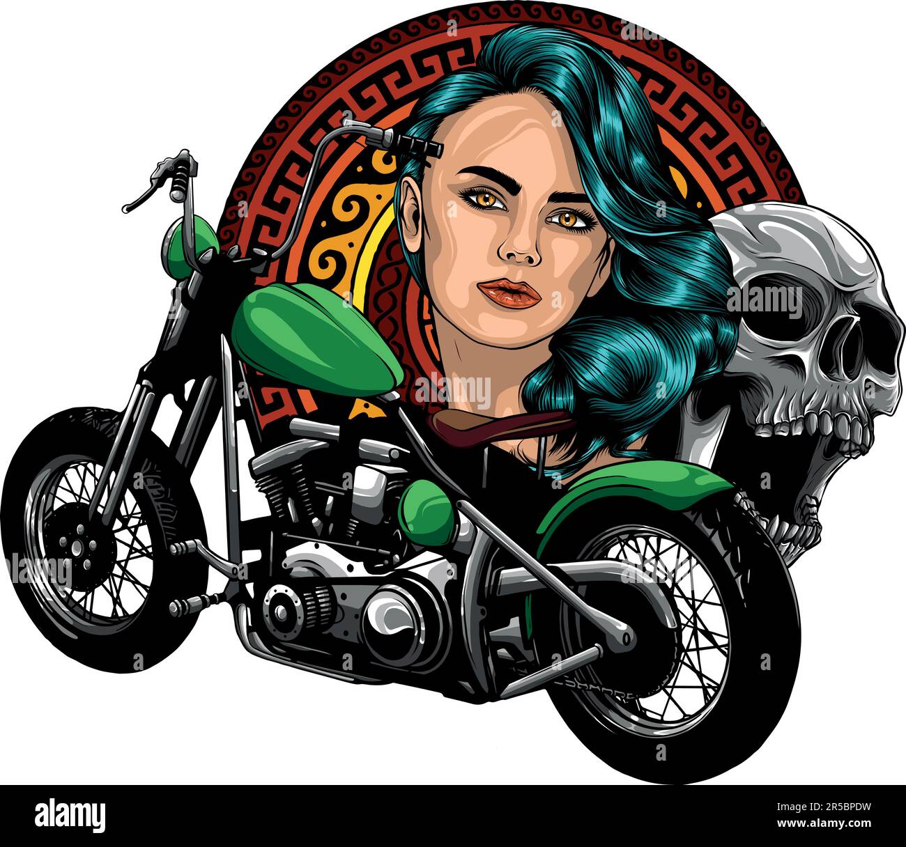 vector illustation of chopper motorcycle with skull and woman head ...