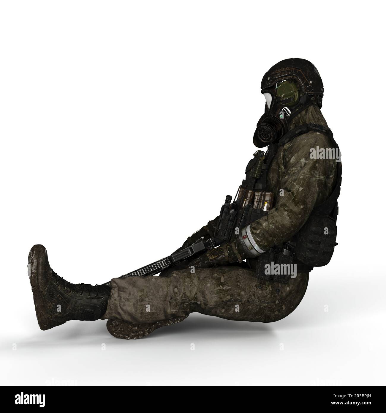A realistic 3d render of a soldier wearing a gas mask and armed with a ...