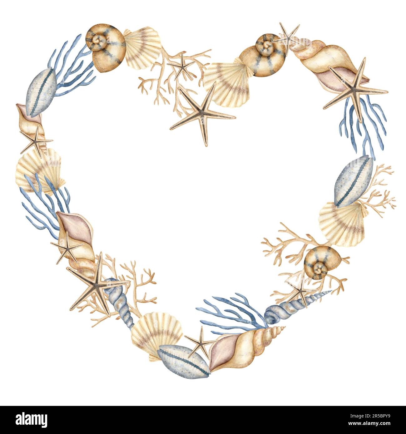 Heart shape Seashell Frame. Hand drawn watercolor illustration of Sea ...