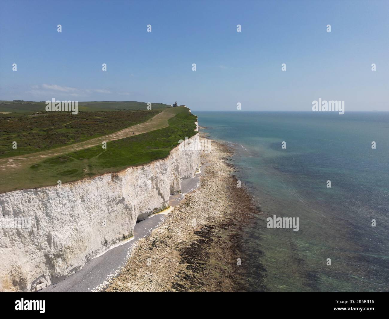 A scenic aerial view of the Seven Sisters Cliff overlooking the expanse ...