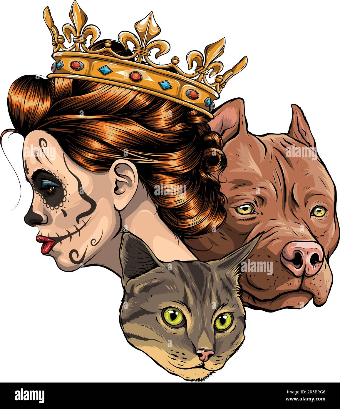 vector illustration of Queen of death with dog and cat head Stock ...