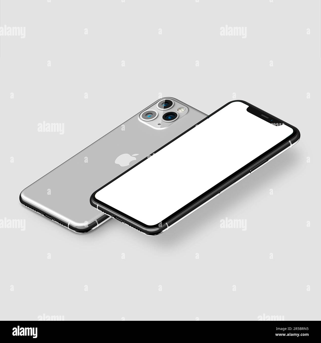 A contemporary silver iPhone device with two sides visible on the white ...