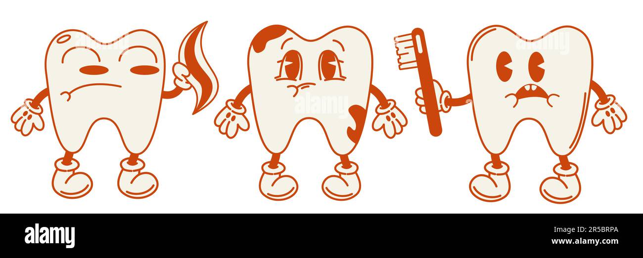 Cute tooth characters in flat retro,groovy style.Concept of dentistry ...