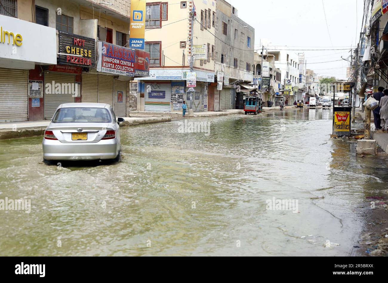 Hyderabad, Pakistan. 02nd June, 2023. Inundated road by overflowing ...