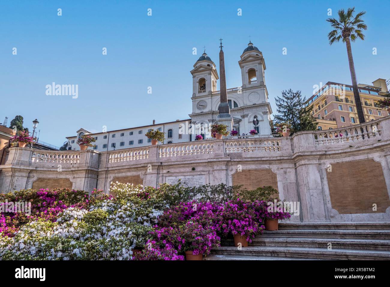 The famous Spanish Steps in Rome with beautiful flowers and no people ...