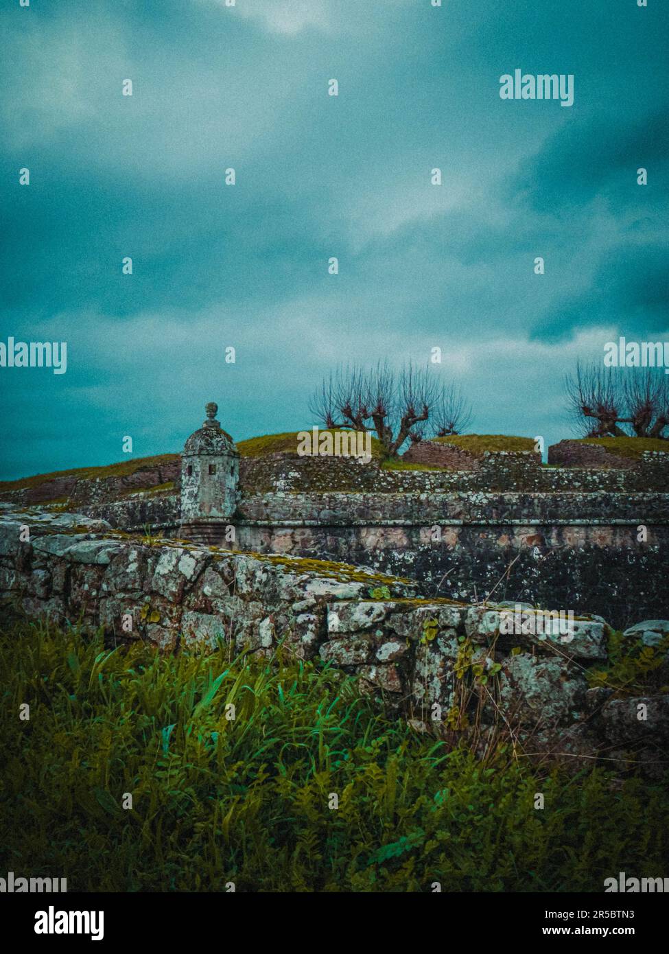 A small grassy field with an abandoned stone wall and roof structure ...