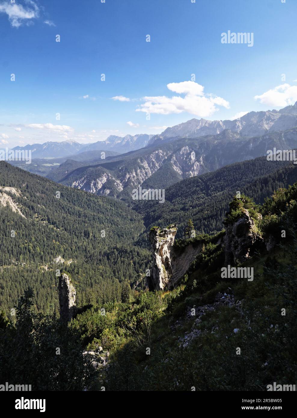 An aerial view of the majestic Bavarian Alps in Germany covered in lush ...