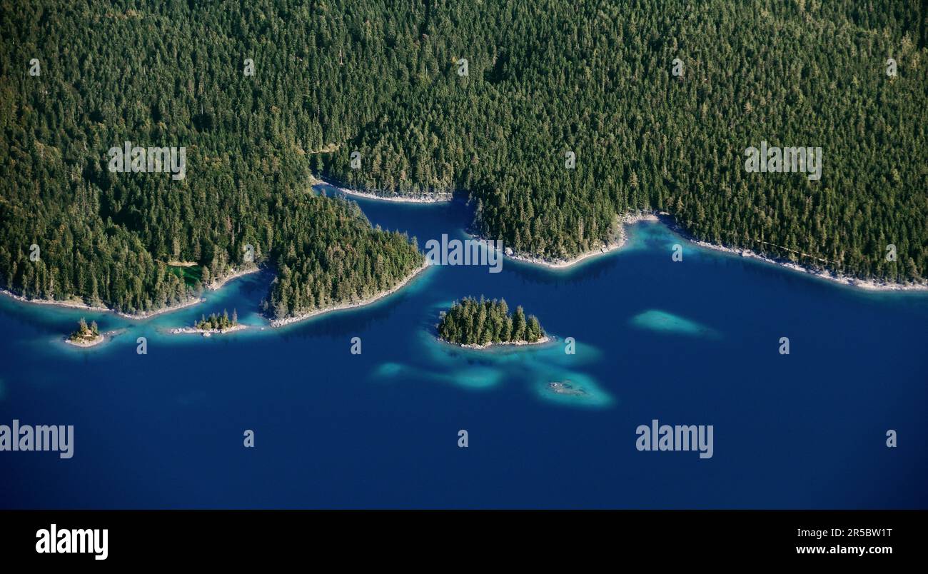 An aerial view of the stunning Eib Lake in the Bavarian Alps of Germany ...