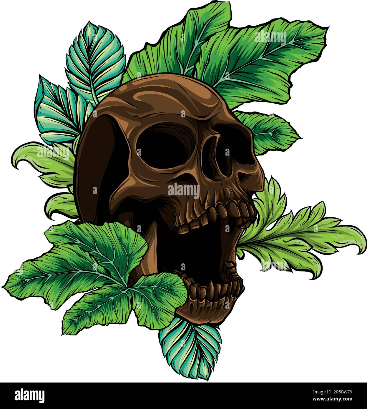 vector illustration of Skull and leaves on white background Stock ...