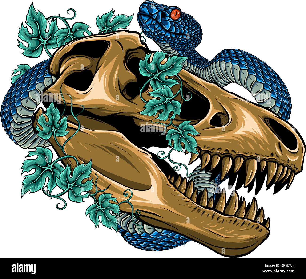 vector illustration of dinosaur skull with snake and leaves Stock ...