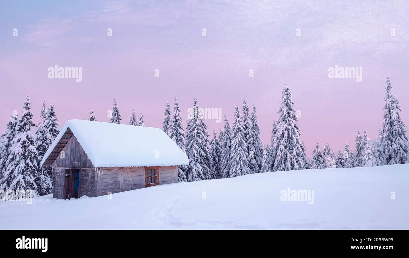 A rustic wooden cabin blanketed in a layer of freshly fallen snow ...