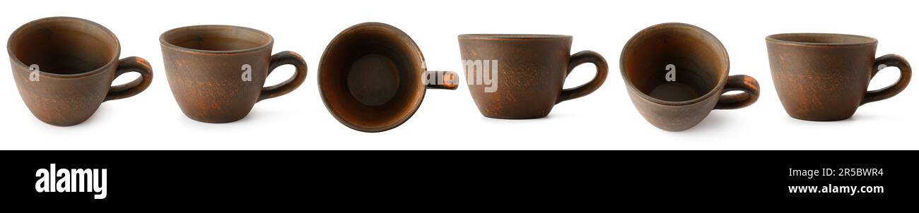 Set of ceramic cups with different angles isolated on white background ...
