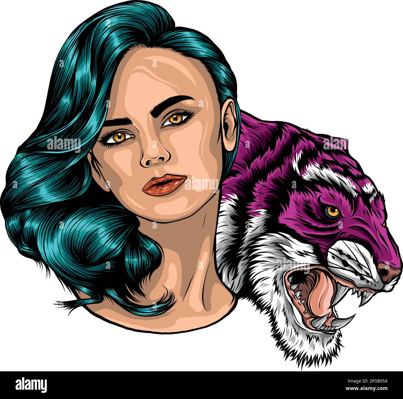 Vector Illustration Of Woman With Long Hair And Roaring Wild Tiger Head Stock Vector Image And Art
