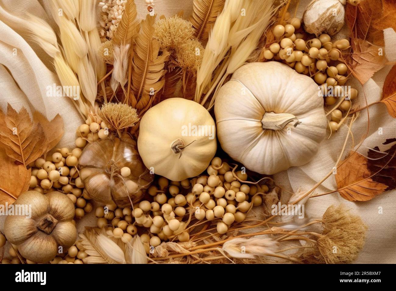 Beige autumnal still life harvest. Golden rye, dry flowers, pumpkins ...