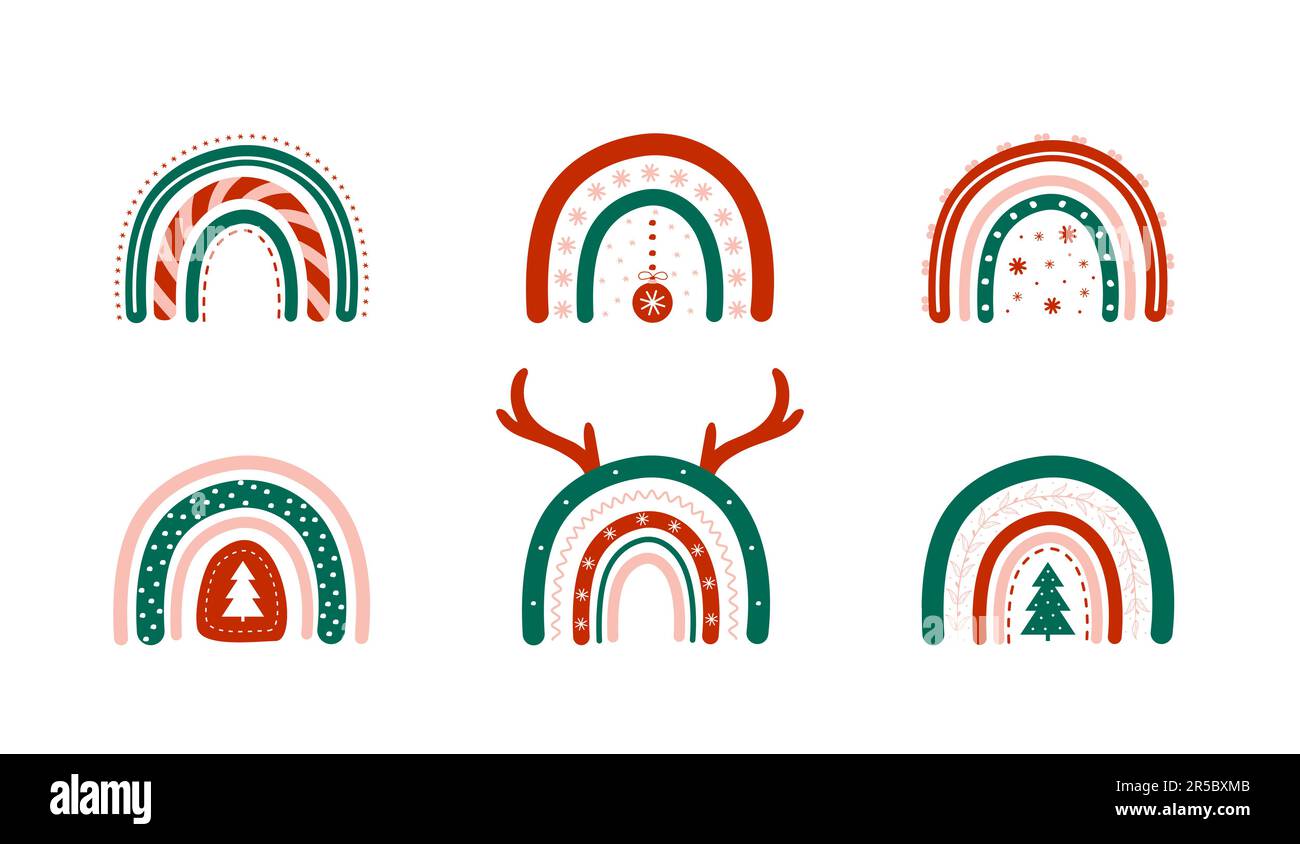 Christmas rainbows with new year elements. Winter clipart set in boho ...