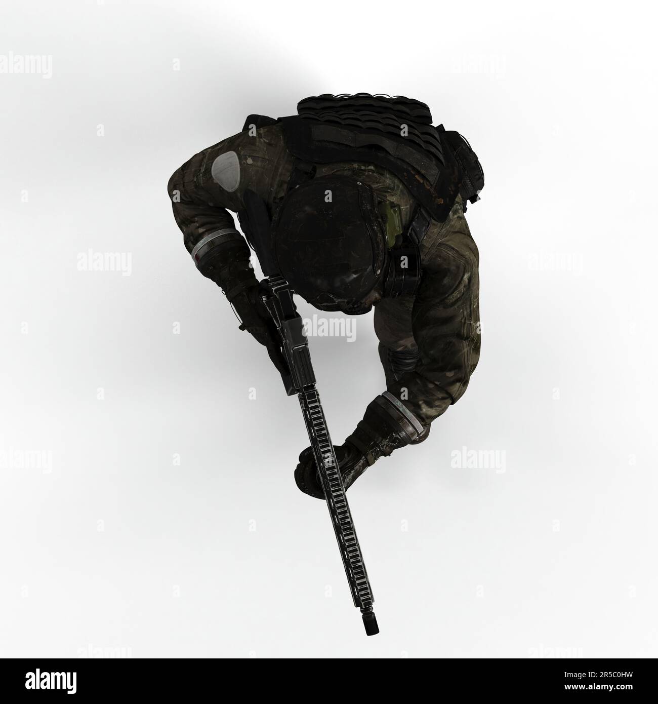 A realistic 3d rendering of a soldier with a gun isolated on a white ...