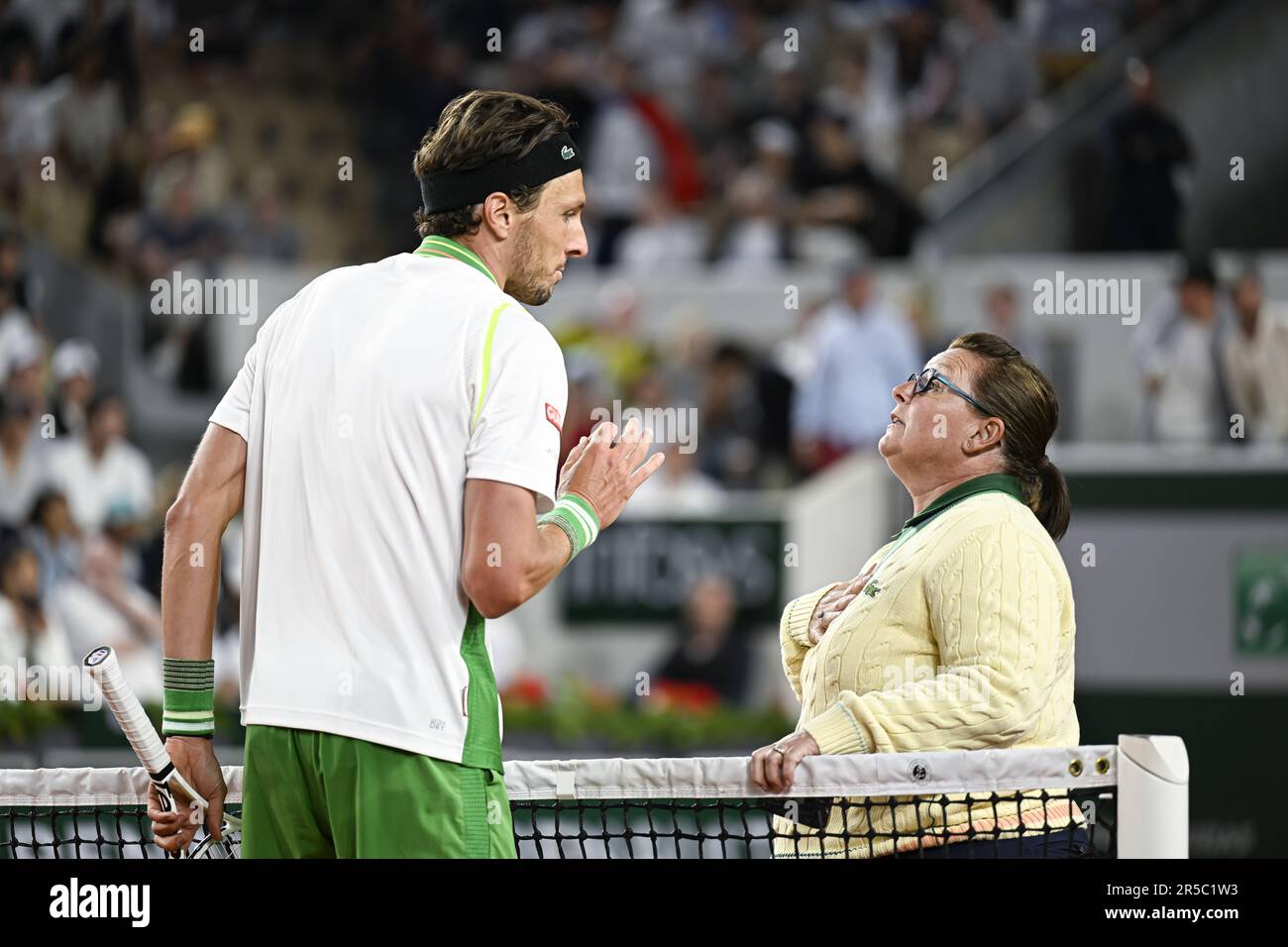 Arthur Rinderknech discusses with the chair umpire (referee) during the ...