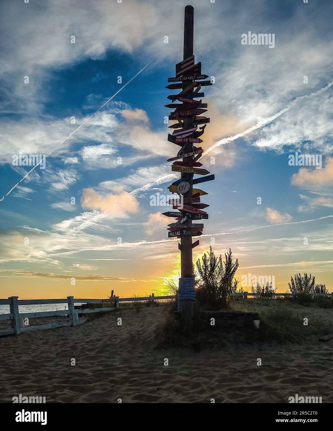 A collection of wooden signage standing atop a tall pole in a body of ...