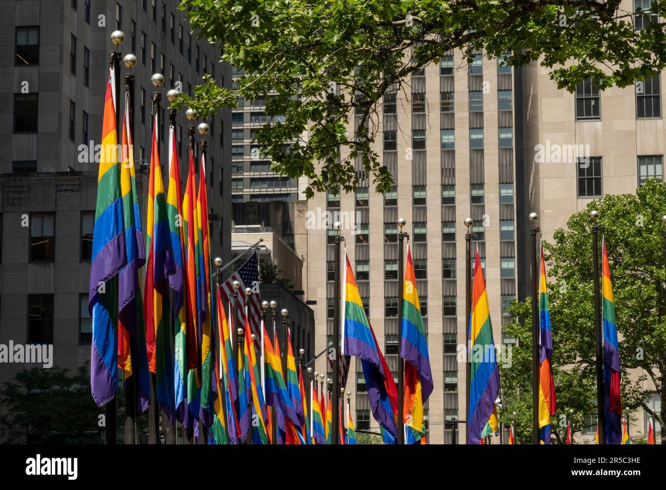 Rainbow color flags celebrate WorldPride at Rockefeller Center Plaza ...