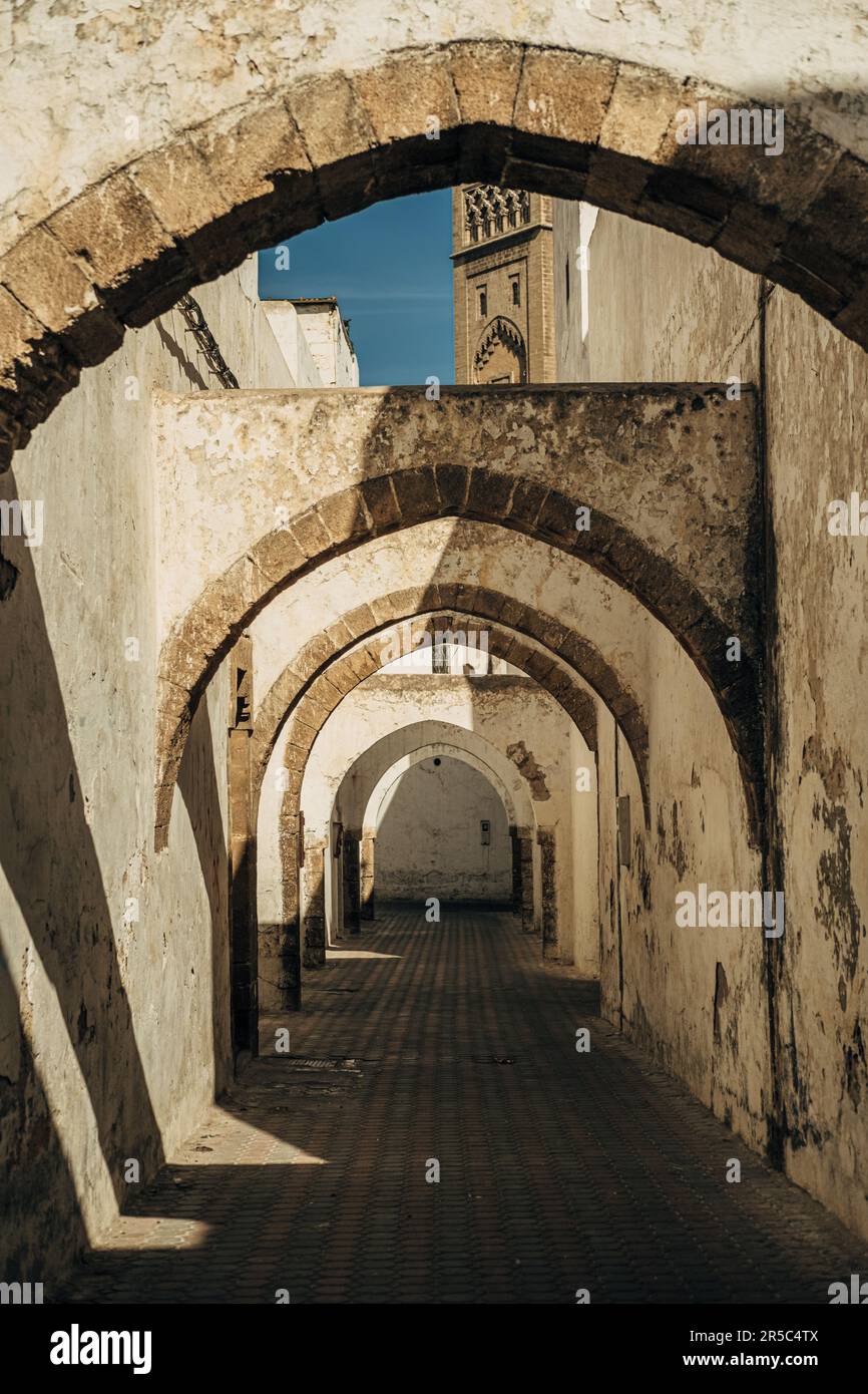 A vertical shot of old dirty buildings in the Habous District ...
