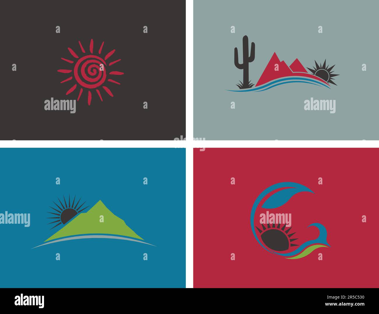 Landscape bundle of desert mountains with cactus abstract sunny nature ...