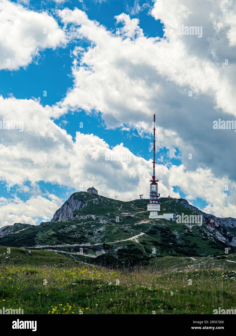 TV radio tower and chapel on the top of the mountain Dobratsch in Carinthia, Austria, summer ...