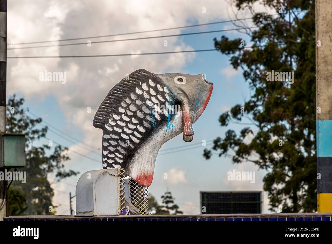 Chambo fish skulture in a traffic circle. The tilapia from Lake Malawi ...