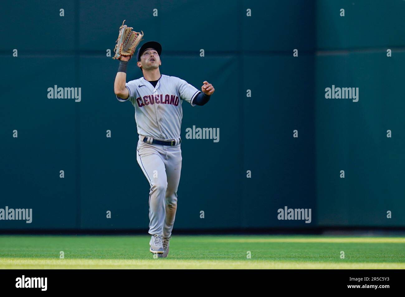 Cleveland Guardians left fielder Steven Kwan makes a catch during the ...