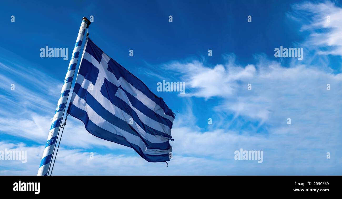 Greece sign symbol. Greek national official flag on flagpole waving in ...