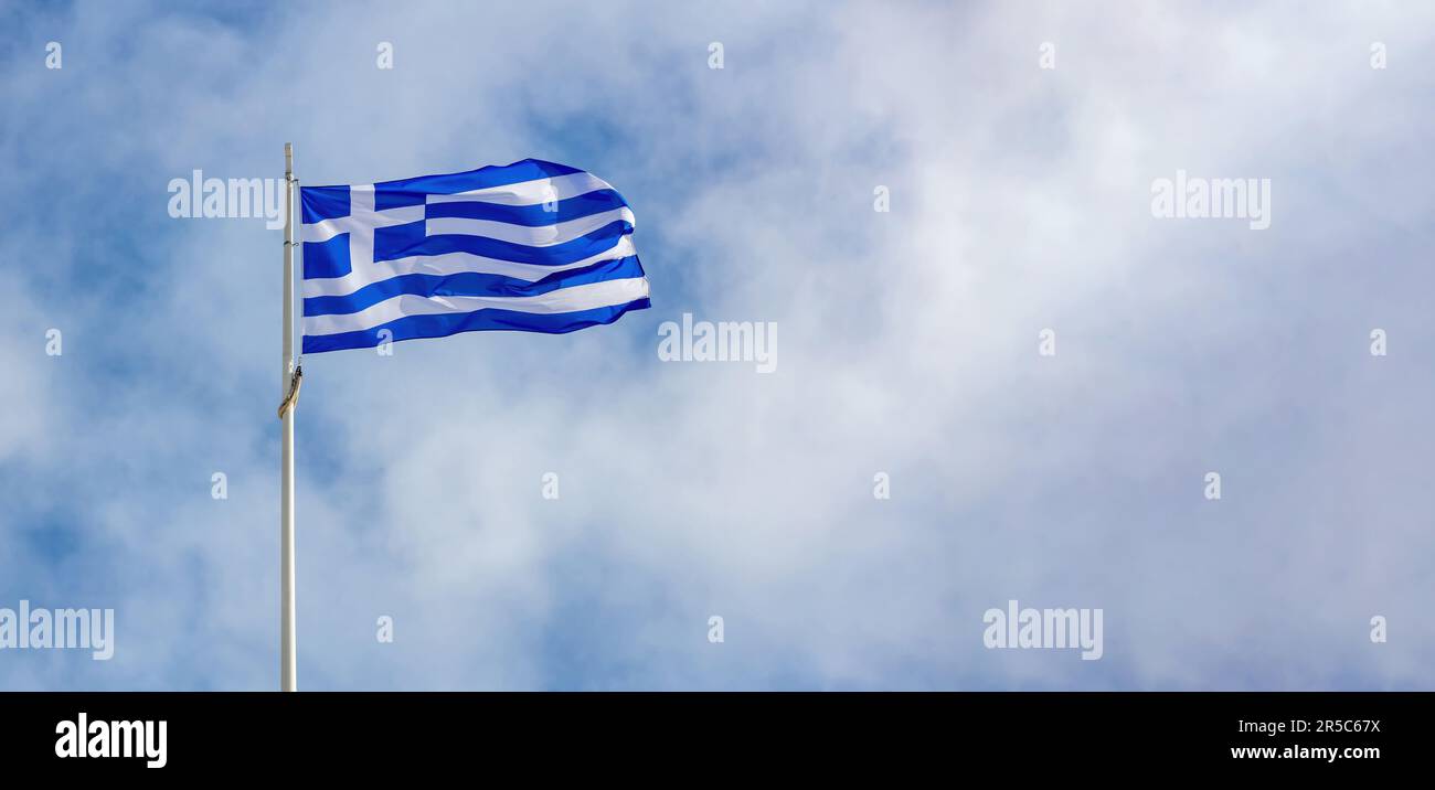 Greece sign symbol. Greek national official flag on flagpole waving in ...