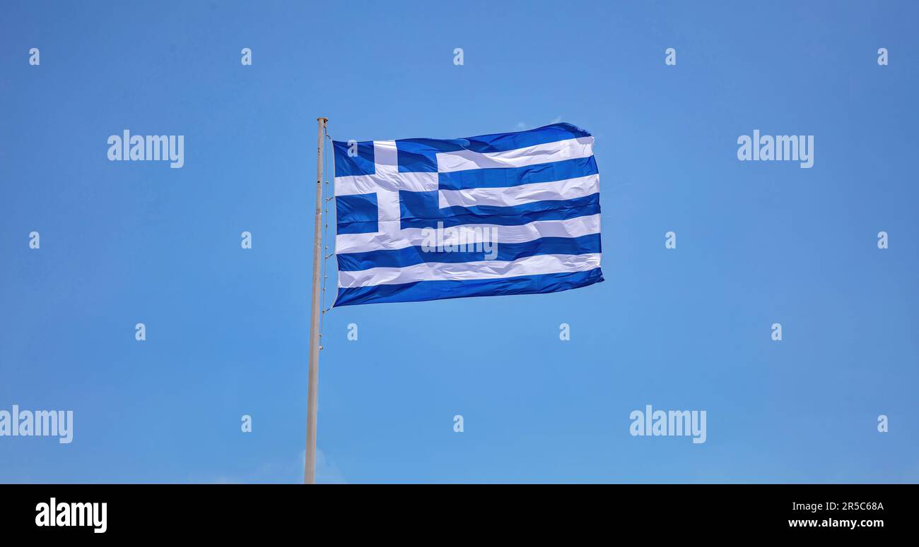 Greece sign symbol. Greek national official flag on flagpole waving in ...