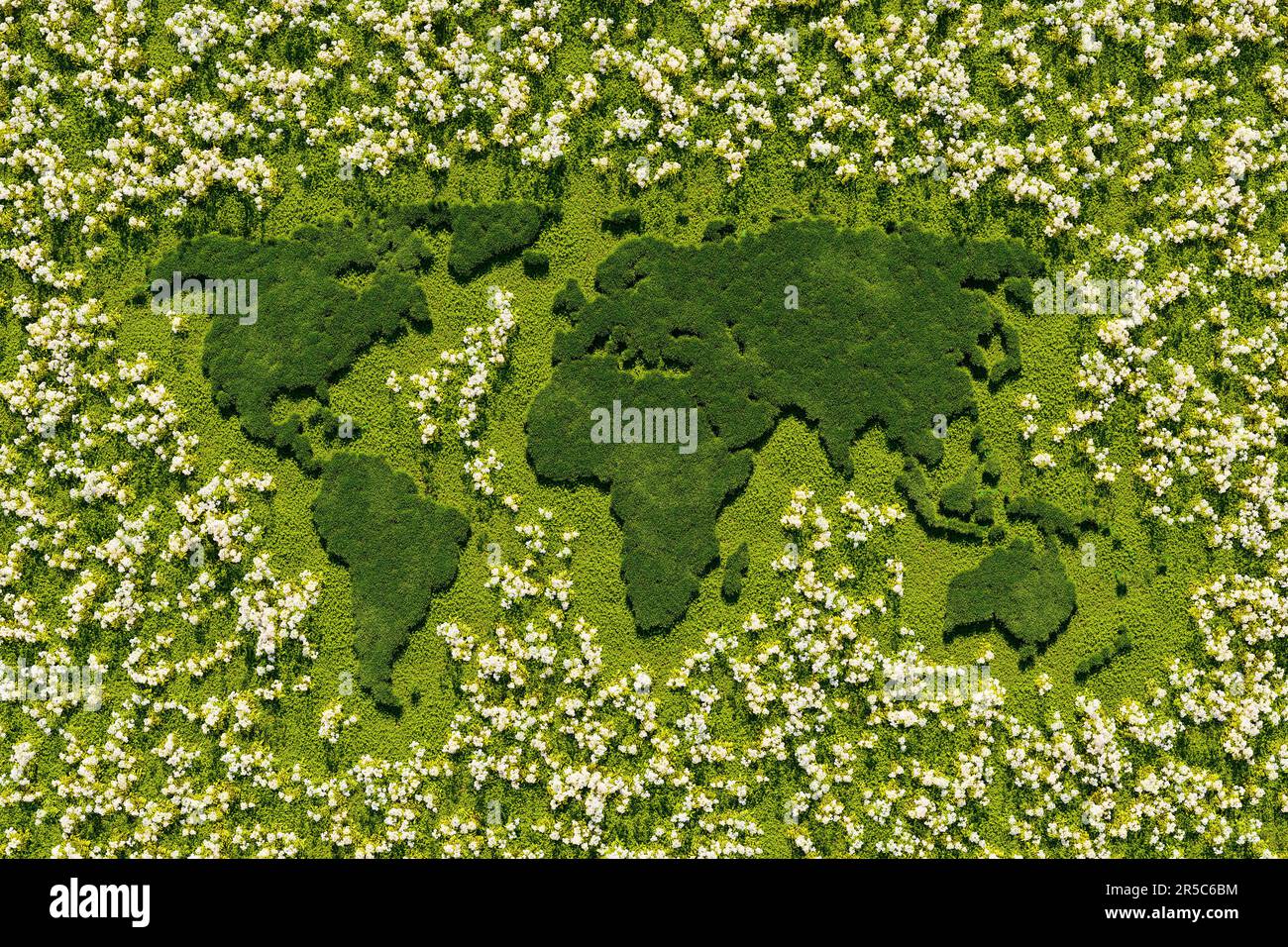 A green world map consisting of lawn surrounded by a meadow and ...