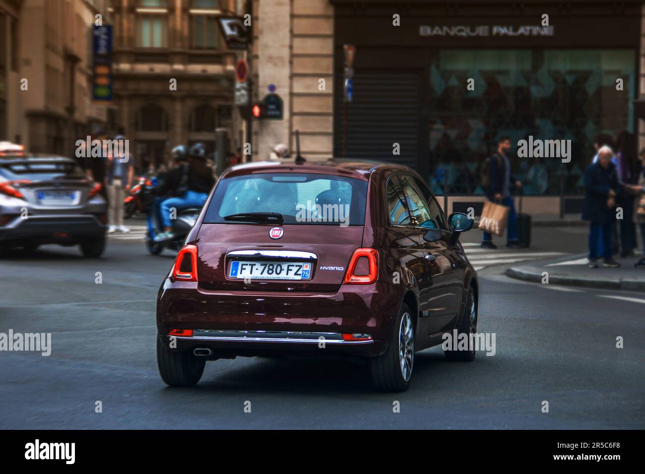France, Paris - May 20, 2023: Fiat 500 Hybrid in the center of Paris ...