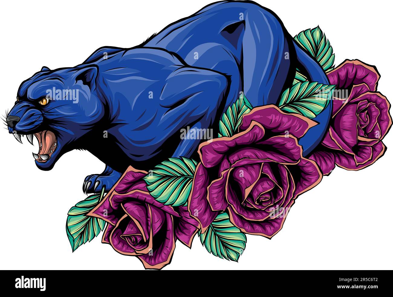 vector illustration of panther with roses on white background Stock ...