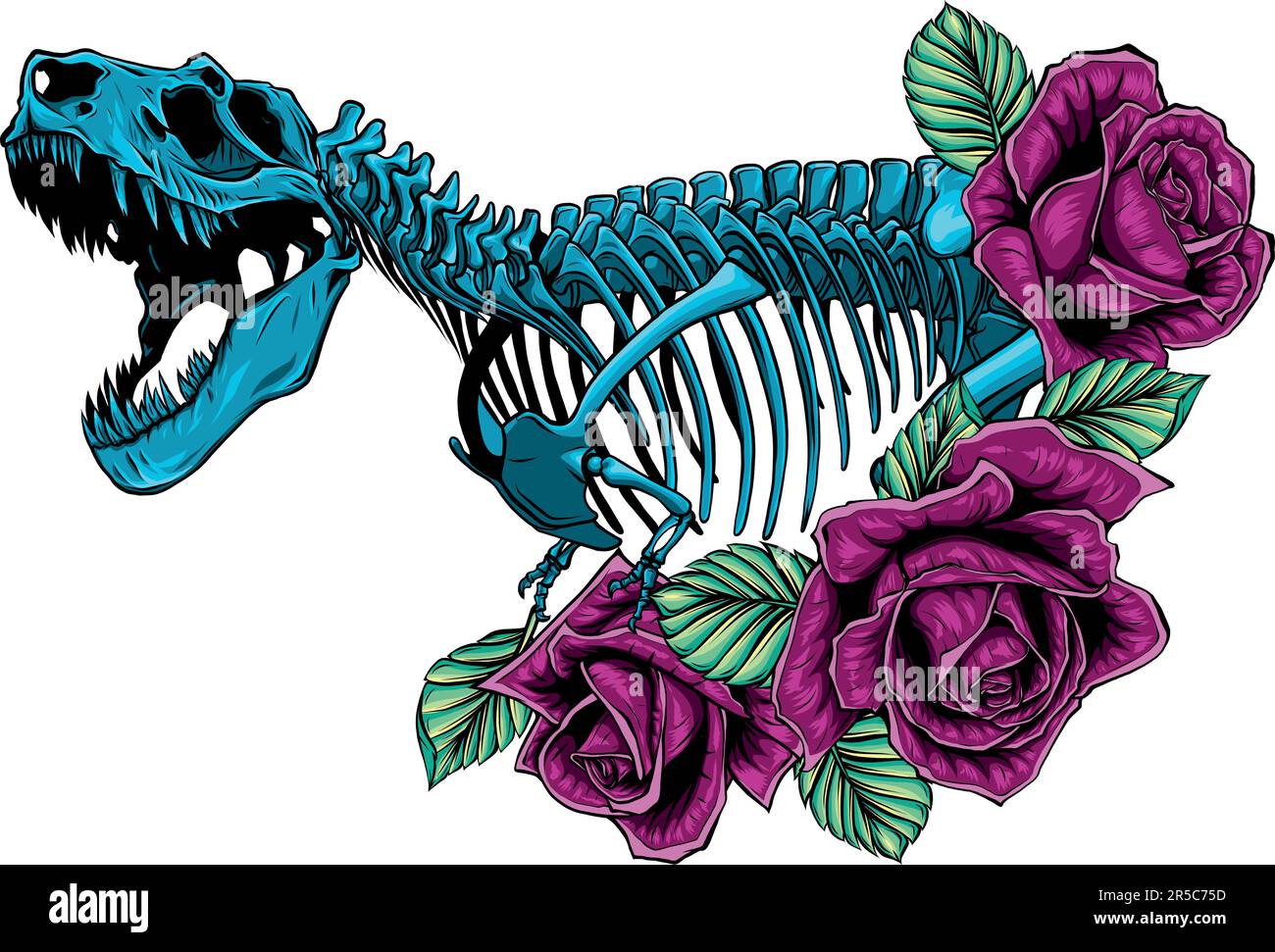 Vector Illustration of skeleton of Dinosaur Tyrannosaurus Rex with roses and leaves Stock Vector ...
