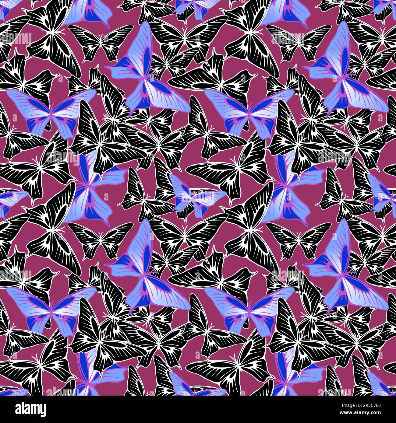 seamless pattern of blue-black butterflies on a purple background ...