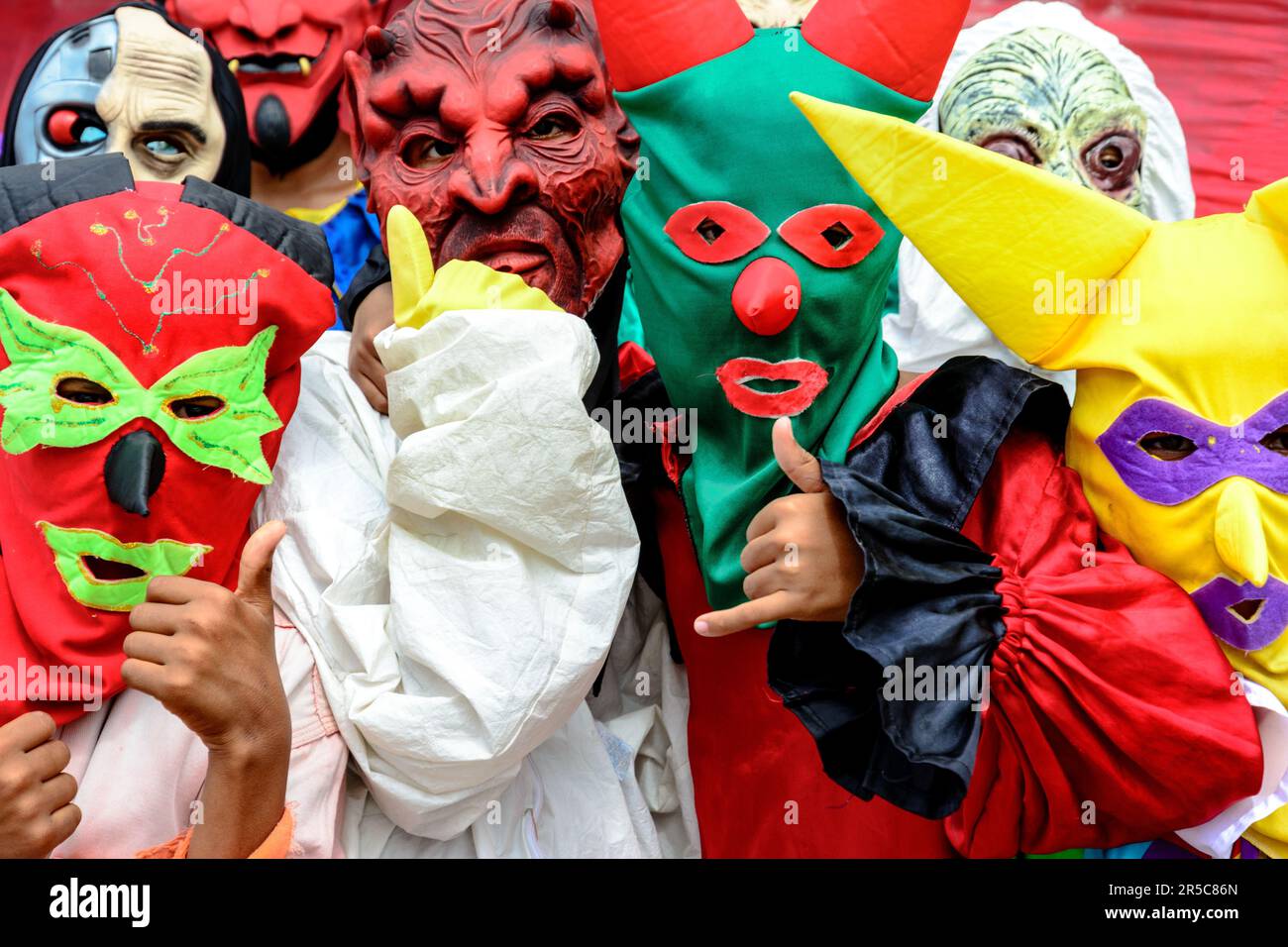A group of adults wearing colorful costumes in a lively celebration ...
