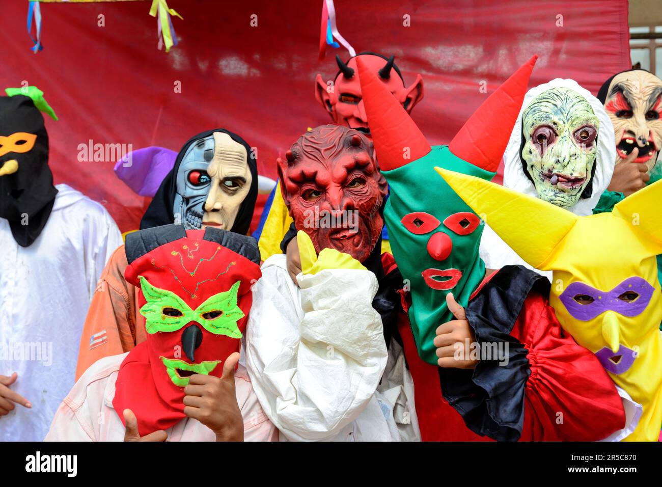 A group of people dressed in colorful costumes and wearing masks gather ...