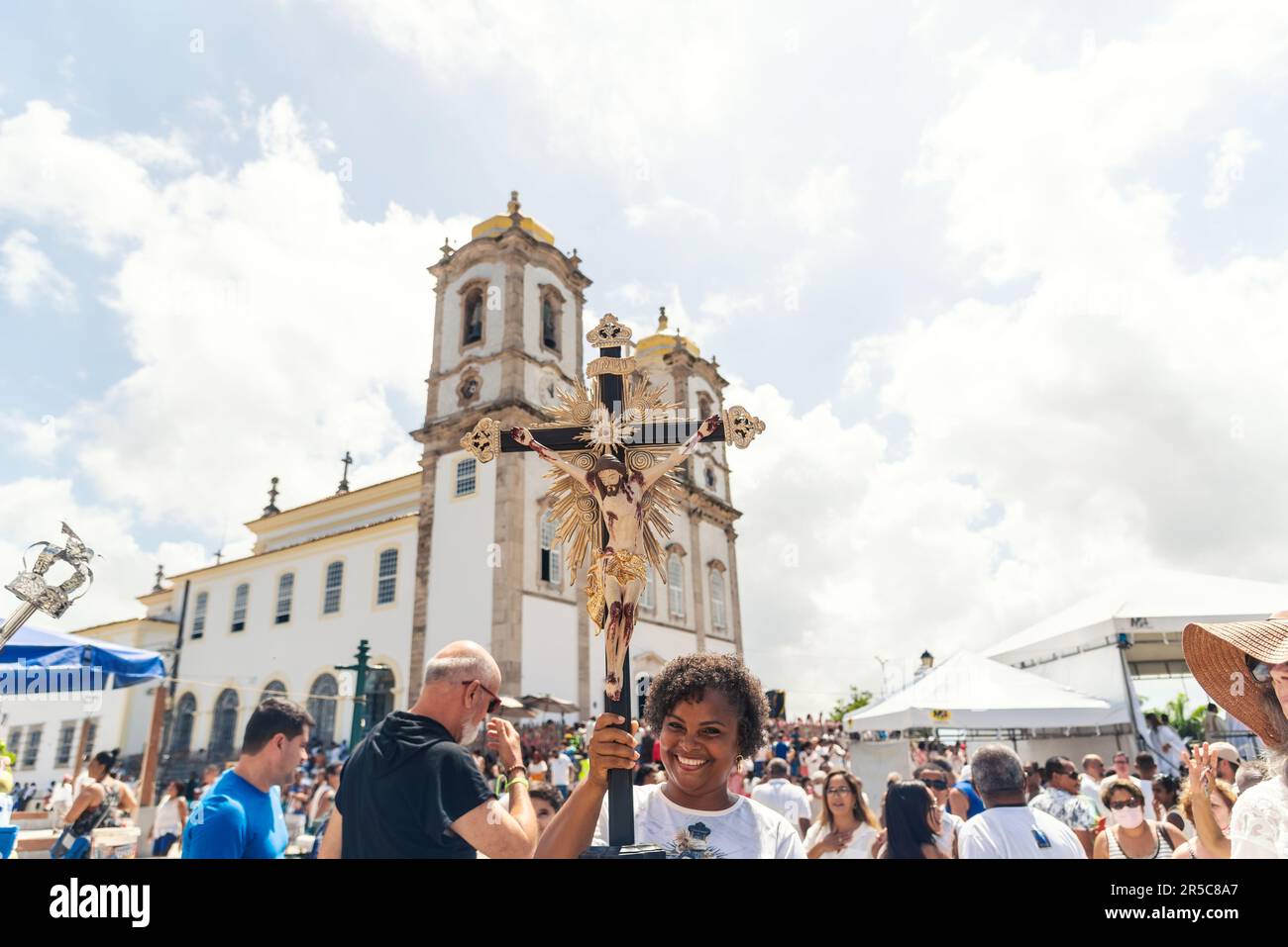 A large congregation of people celebrating Palm Sunday outside a church ...