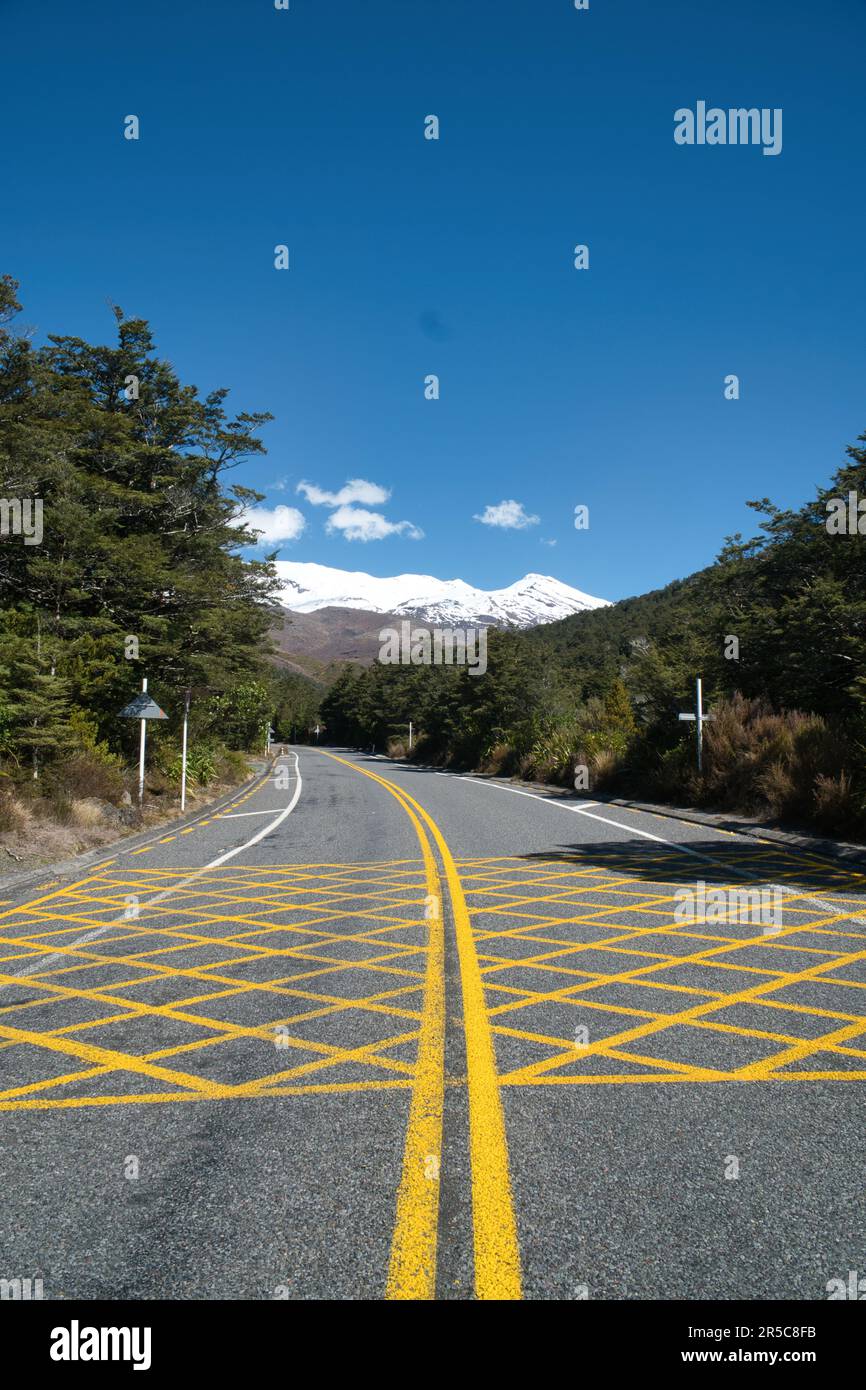 A winding asphalt road with bright yellow lines along the edges ...