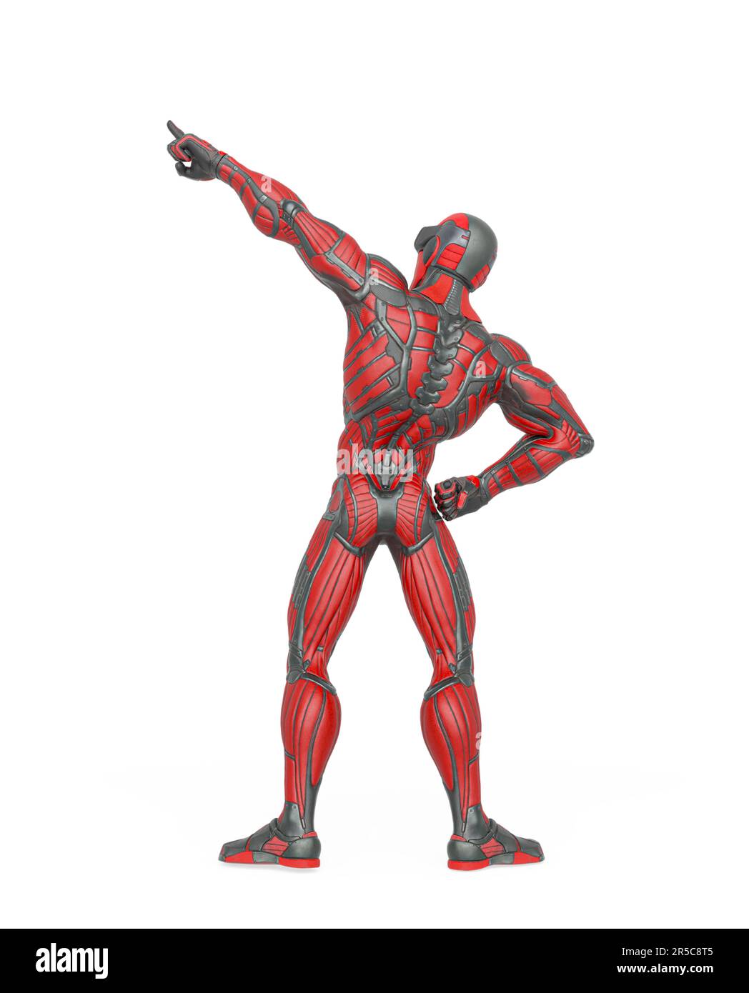 super hero is pointing up and showing the way in an exosuit rear view ...