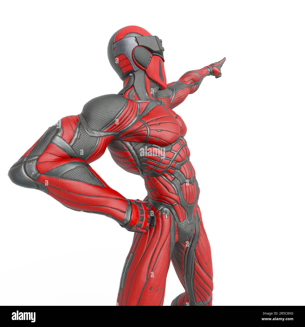 super hero is pointing up and showing the way in an exosuit close up ...