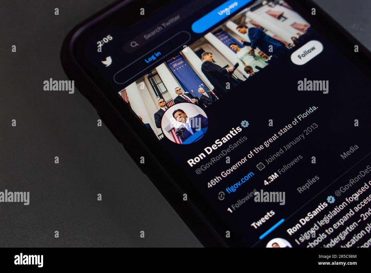 Ron DeSantis Twitter account 7seen in an iPhone screen. Ronald Dion ...