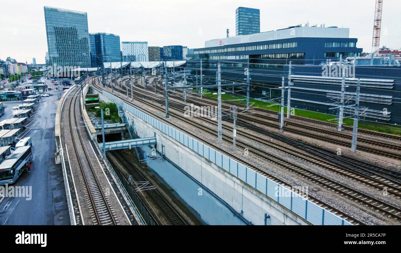 Aerial view on Vienna main railway station in left upper corner and ...