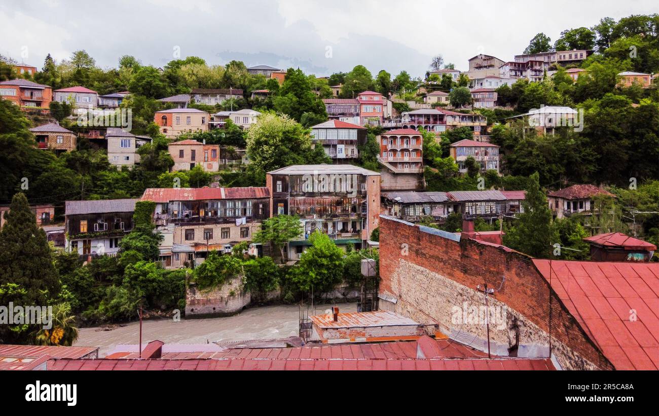 Old Kutaisi with typical houses with traditional verandas on hill slope ...