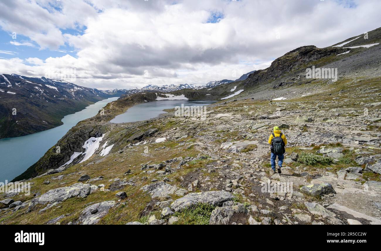 Mountaineer on Besseggen hike, ridge walk, Lake Gjende and Lake ...