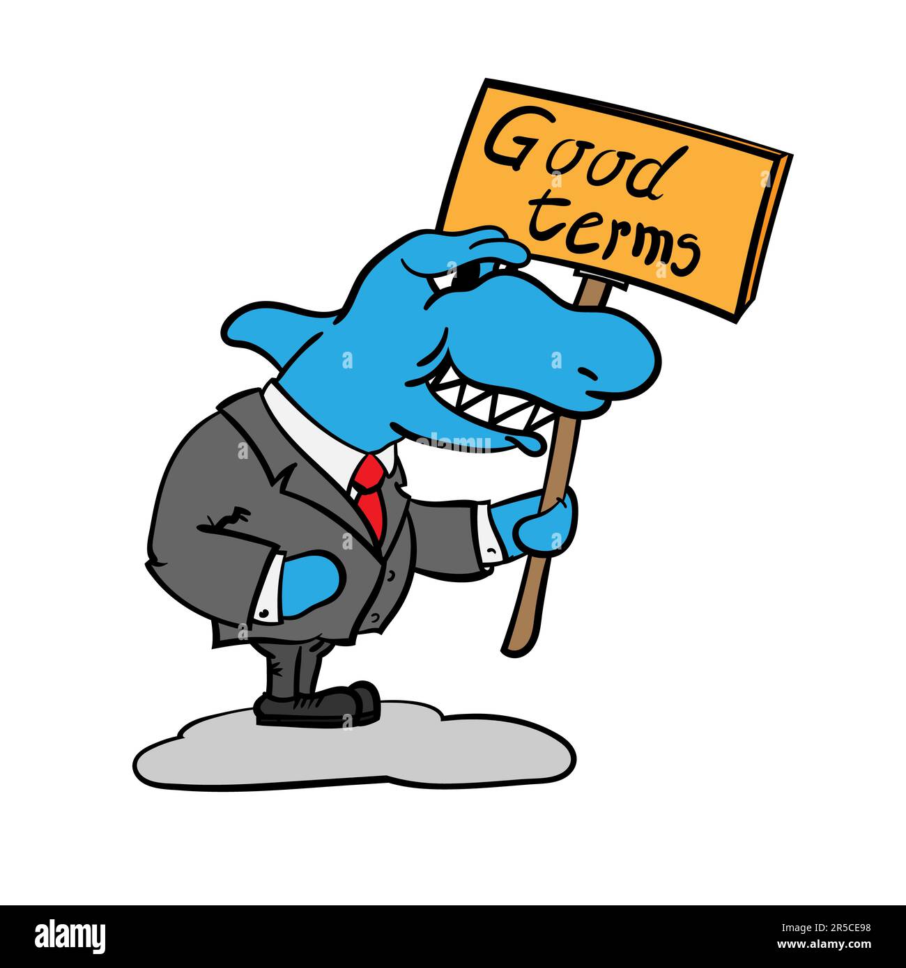 Grinning cartoon shark holding a sign with the words Good terms, vector ...